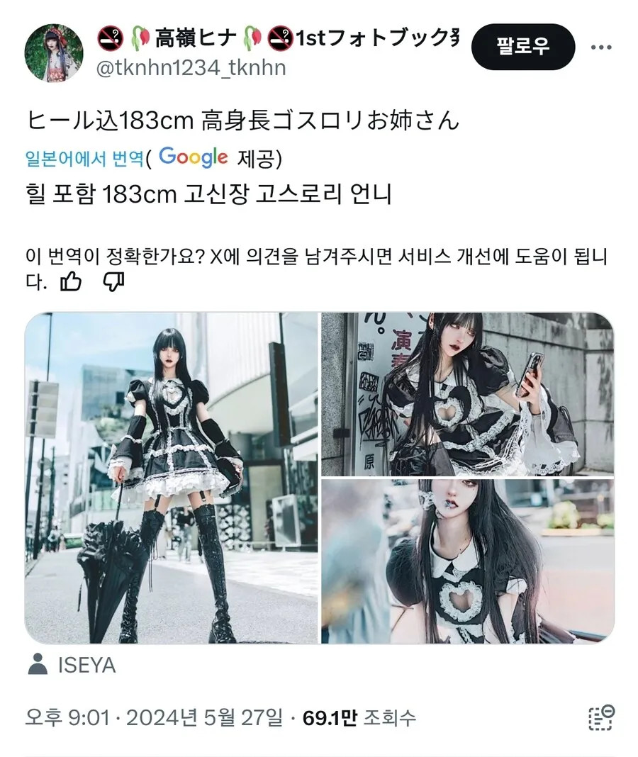 신장 183cm 힐 포함 고스로리 언니