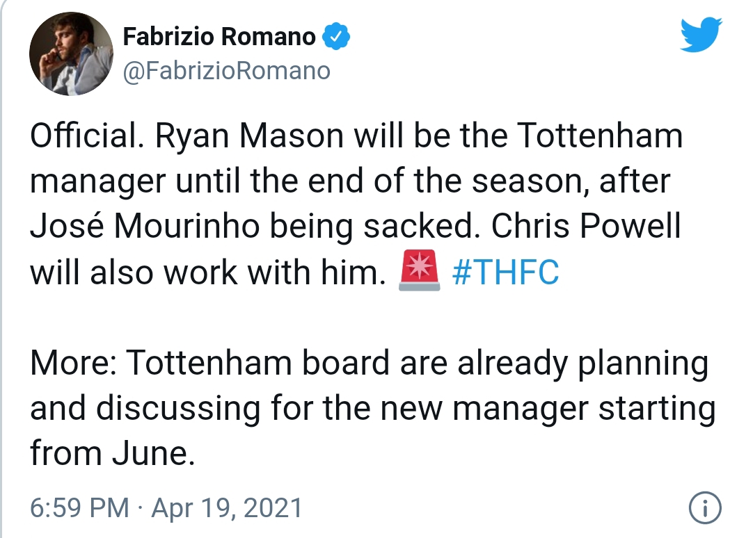 토트넘 임시 감독 : 라이언 메이슨