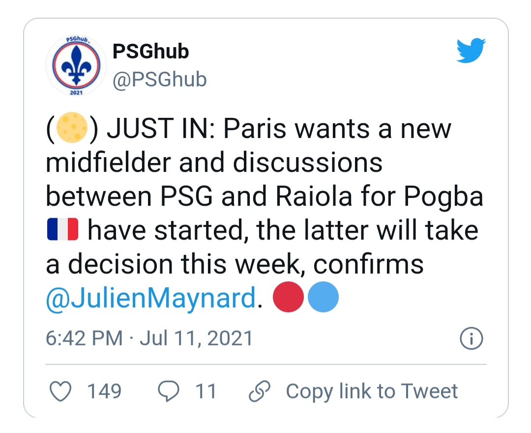 [줄리앙 메이나르] 새 미드필더 영입을 원하는 PSG / 포그바와 논의 시작됨